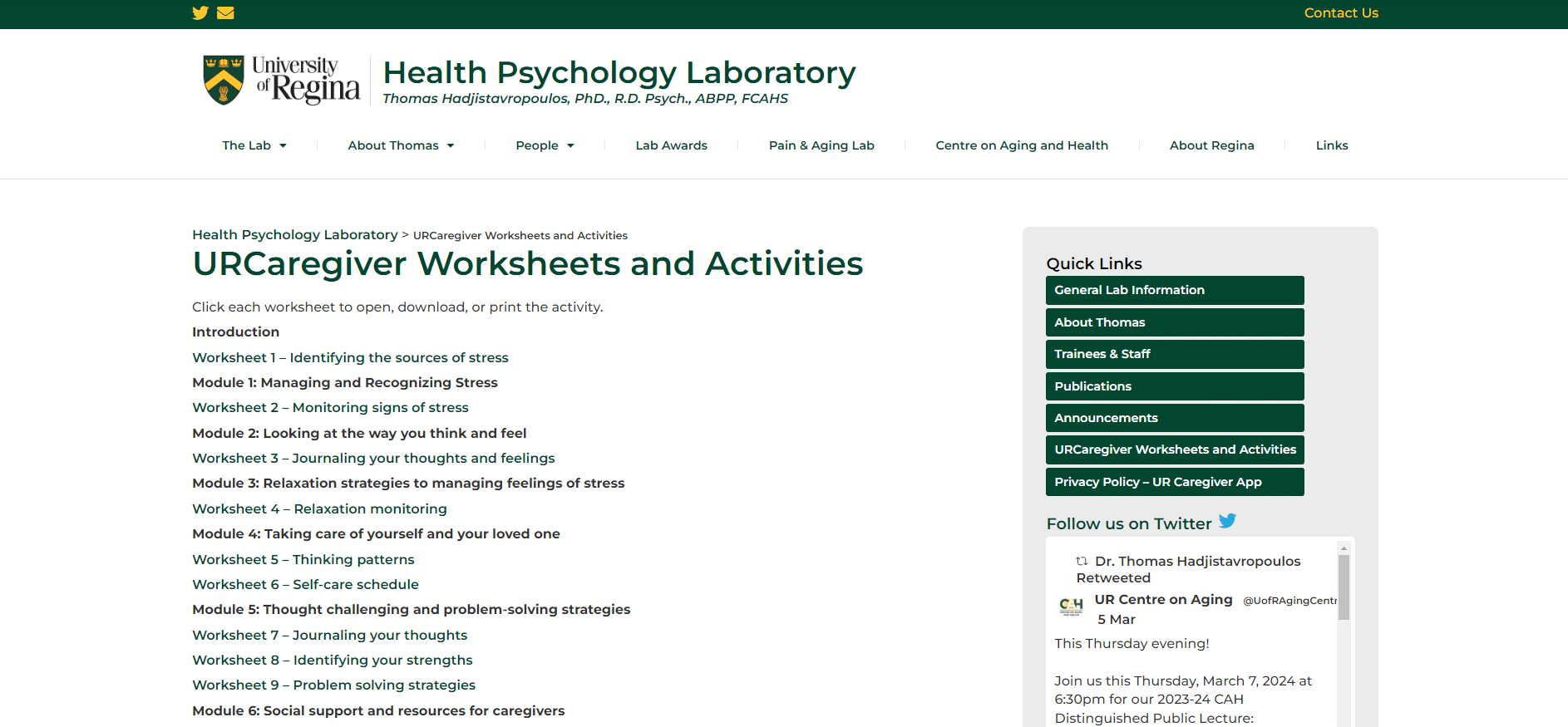 URCaregiver Worksheets and Activities - Health Psychology Lab